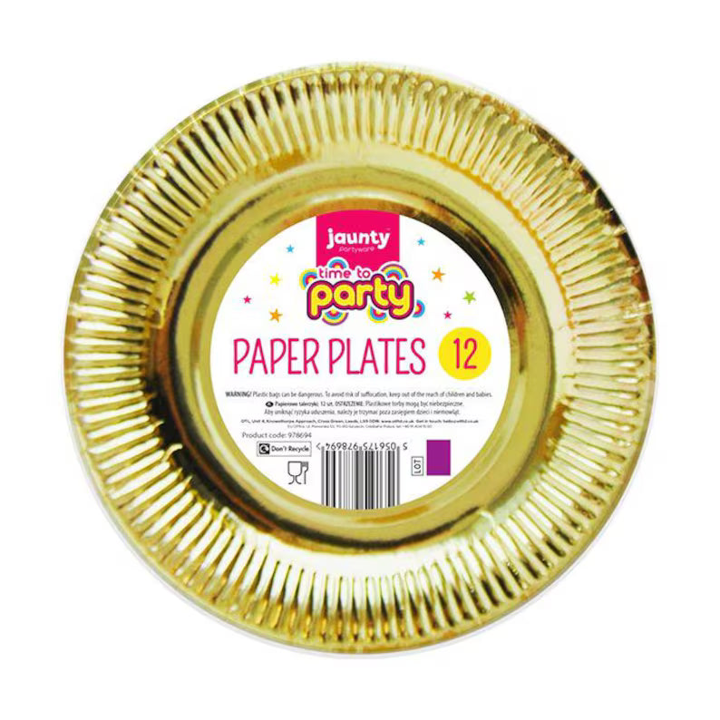 Jaunty Partyware Time To Party Gold Paper Plates 9" 12 Pack - Peekaboo