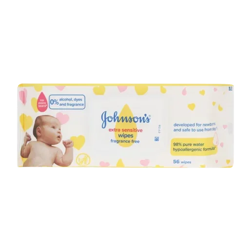 Johnson's Baby Wipes Extra Sensitive Fragrance Free 56 Wipes - Peekaboo