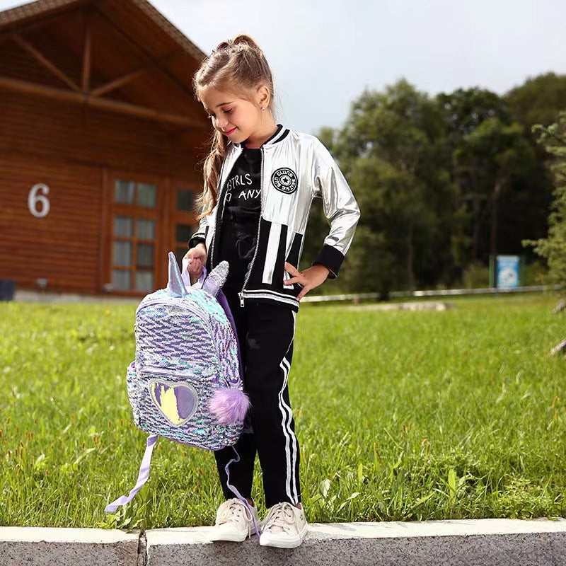 Pibi Cute Unicorn Sequin Backpack with Pompom Keychain-14 Inch Purple ...